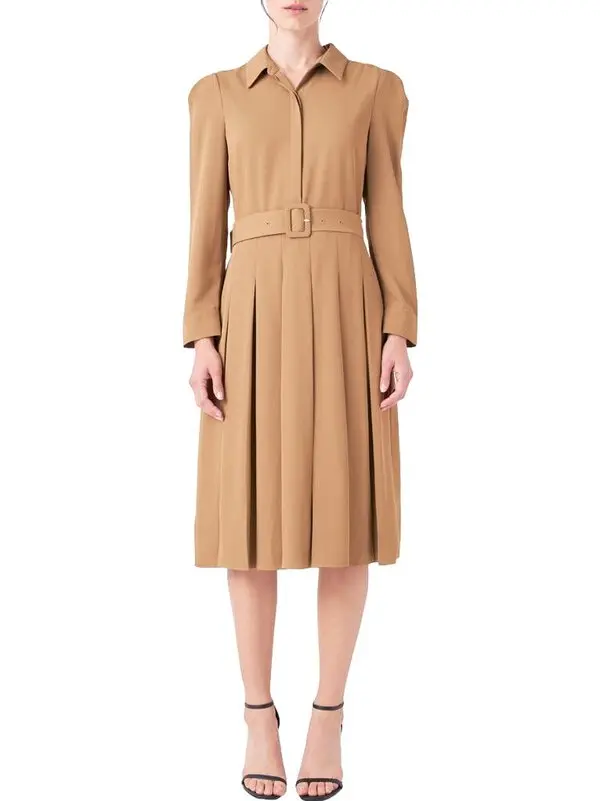 English Factory Pleated Long Sleeve Shirt Dress - Camel