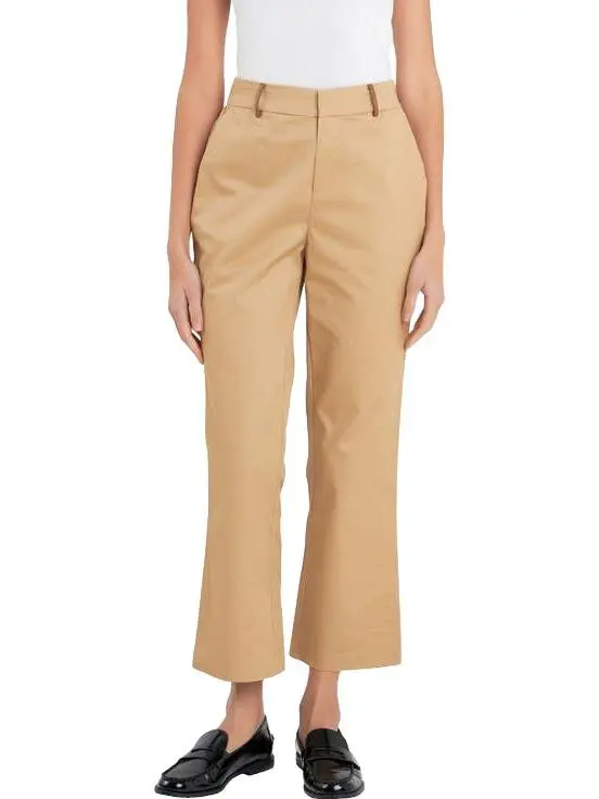 English Factory Faux Leather Trim Crop Flare Twill Trousers - Tan