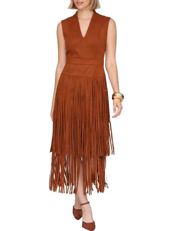 Avec Les Filles Sleeveless Fringe Dress - Brown/brown