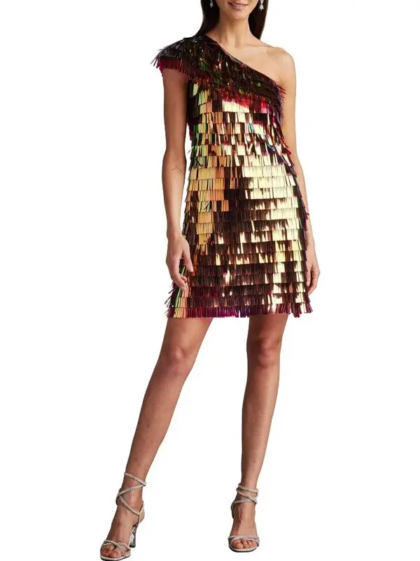 Tadashi Shoji Sequin Fringe One-shoulder Minidress - Bronze Shimmer