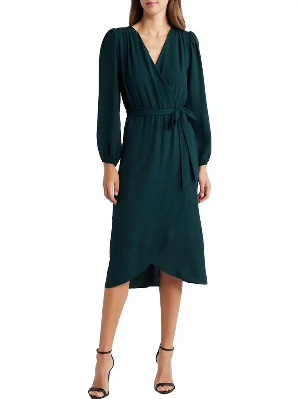 CONNECTED APPAREL Long Sleeve Faux Wrap Midi Dress - Pine