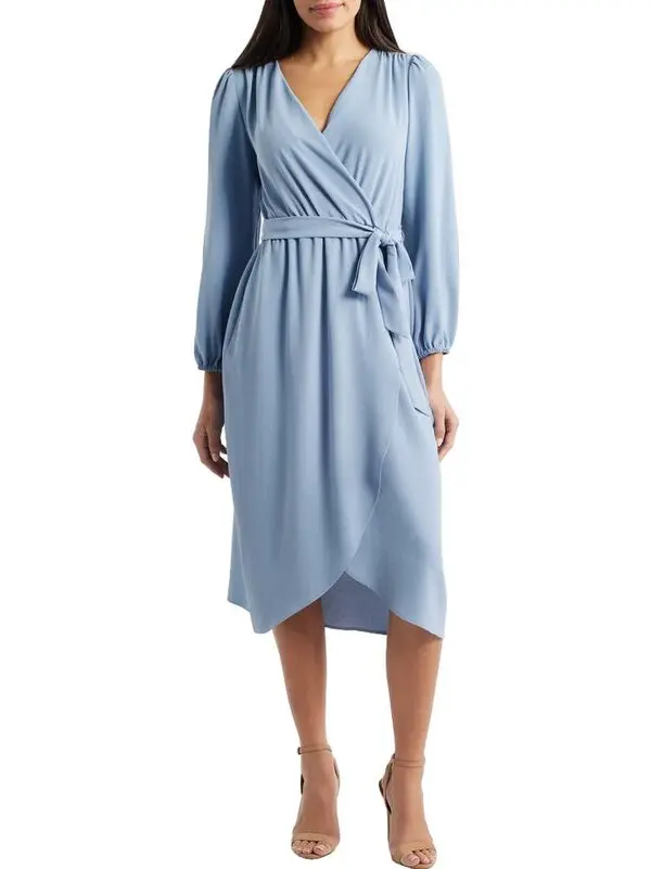 CONNECTED APPAREL Long Sleeve Faux Wrap Midi Dress - Sky