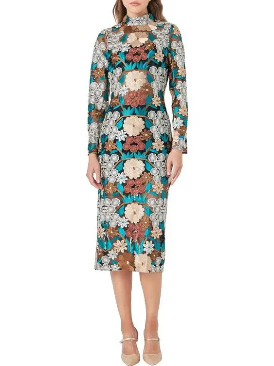 Endless Rose Floral Embroidered Long Sleeve Dress - Green Multi