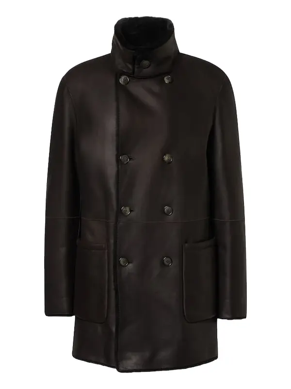 Giorgio Armani Reversible Leather And Shearling Pea Coat - Brown