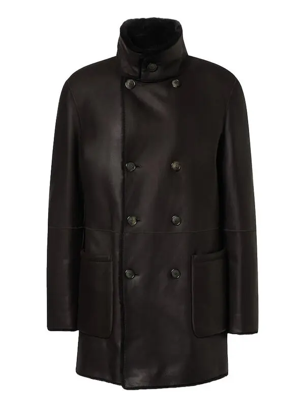 Giorgio Armani Reversible Leather And Shearling Pea Coat - Brown