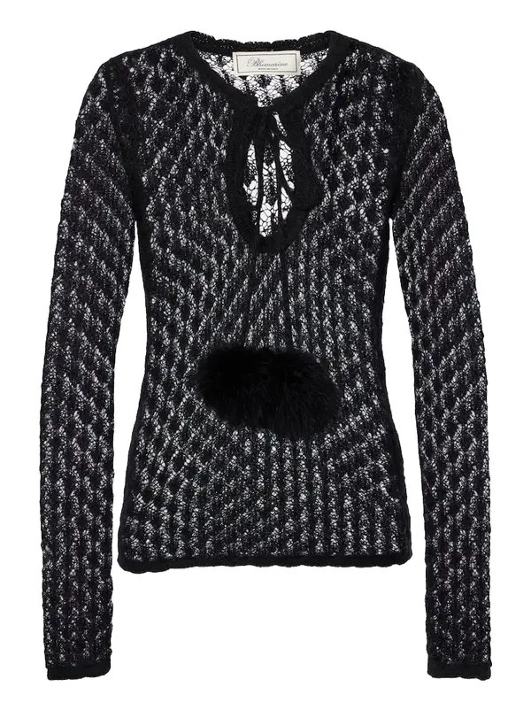Blumarine Open-knit Top With Feather Details - Black