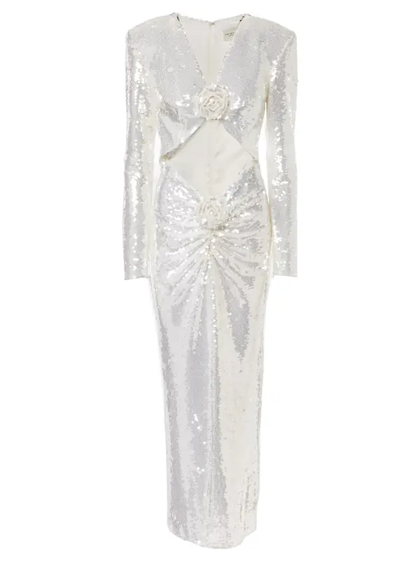 THE NEW ARRIVALS ILKYAZ OZEL Sequined Floral-appliqué Gown - Silver