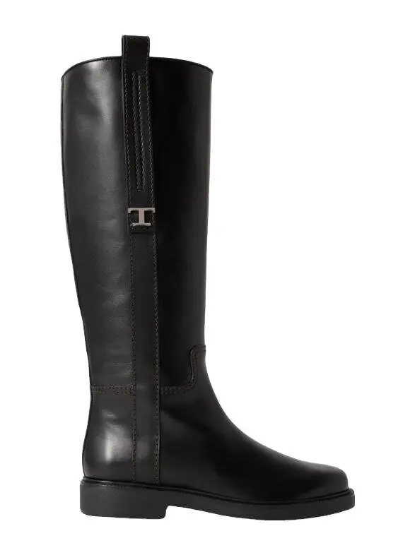 TOD'S Embellished Leather Knee High Boots - Black