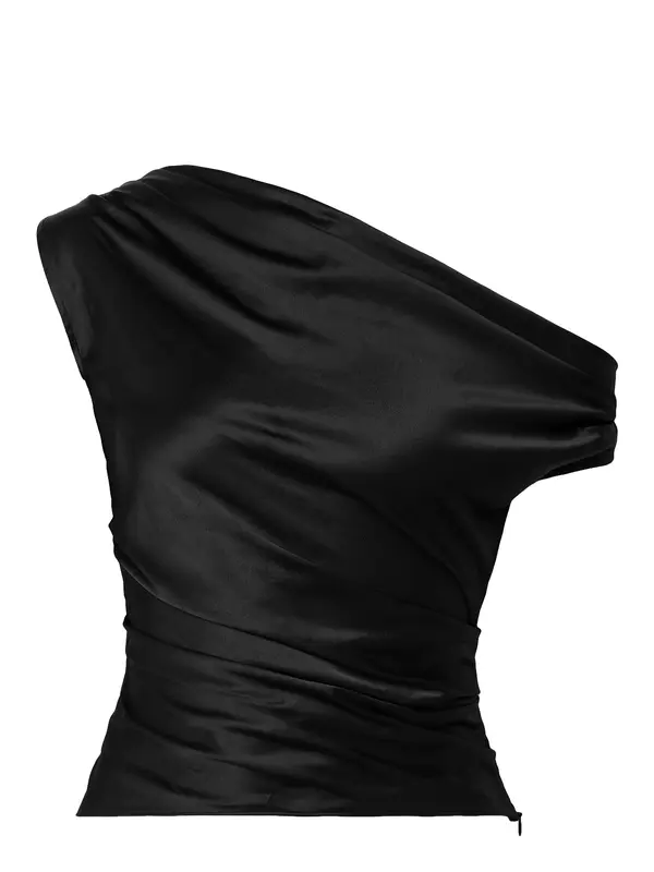 Staud Phare One-shoulder Draped Silk-blend Satin Top - Black