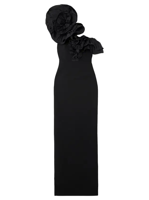 Rebecca Vallance Ella Appliquéd Ruffled One-shoulder Crepe Gown - Black