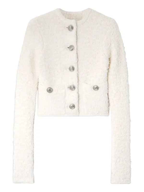 Balenciaga Cropped Metallic Tweed Cardigan - White