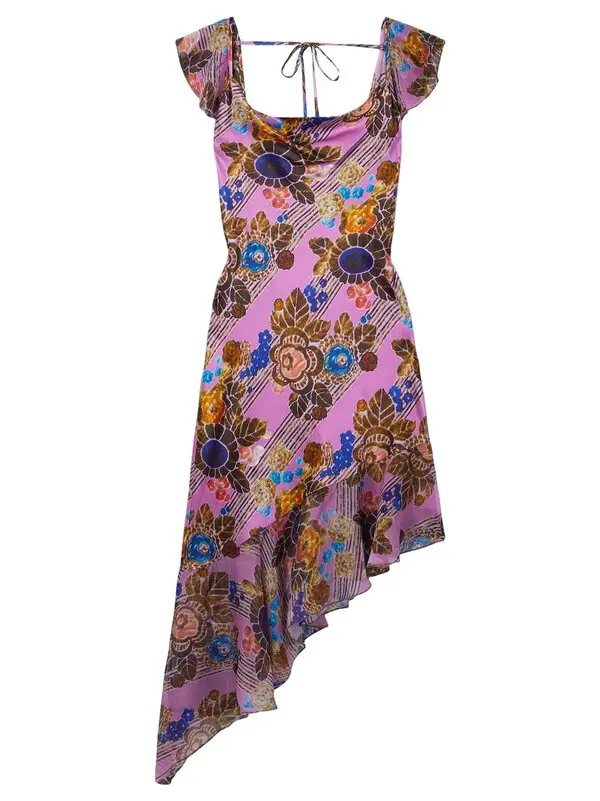 RODARTE Asymmetric Floral-print Silk-satin Midi Dress With Chiffon Trim - Violet