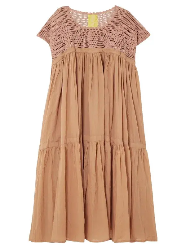 Yvonne S Wind Tiered Crochet-paneled Cotton-voile Midi Dress - Camel