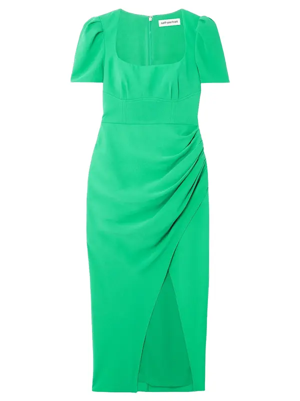 SELF-PORTRAIT Gathered Crepe Midi Dress - Green