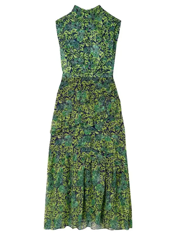 Saloni Fleur Ruffled Printed Silk Midi Dress - Leaf Green