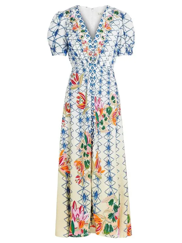 Saloni Lea Printed Silk-jacquard Maxi Dress - White