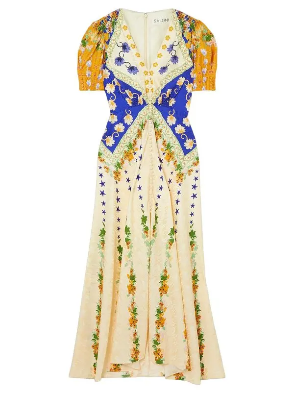 Saloni Lea' Printed Silk-jacquard Midi Dress - Ecru