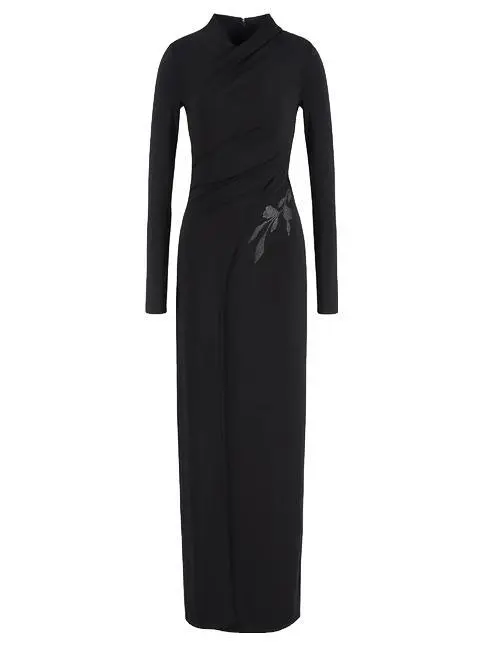 Giorgio Armani Long Dress In Stretch Viscose Jersey With Rhinestones - Black