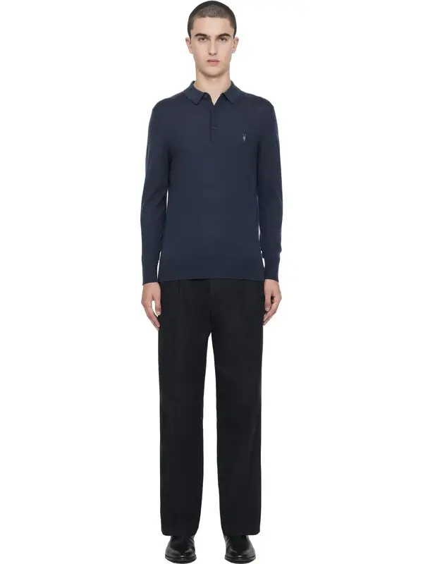 ALLSAINTS Mode Merino Long Sleeve Ramskull Polo Shirt - Blue