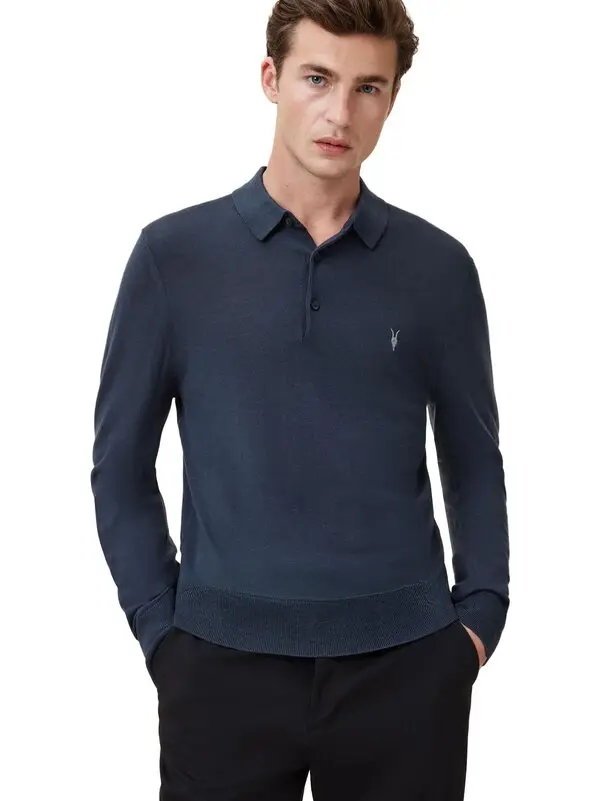 ALLSAINTS Mode Merino Long Sleeve Ramskull Polo Shirt - Navy Blue