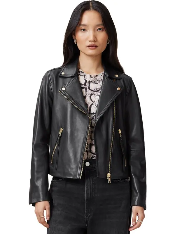ALLSAINTS Dalby Slim Fit Leather Biker Jacket - Black/gold