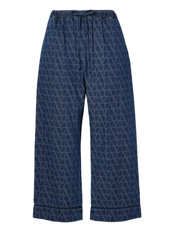 Valentino Garavani Cropped Denim-jacquard Wide-leg Pants - Blue