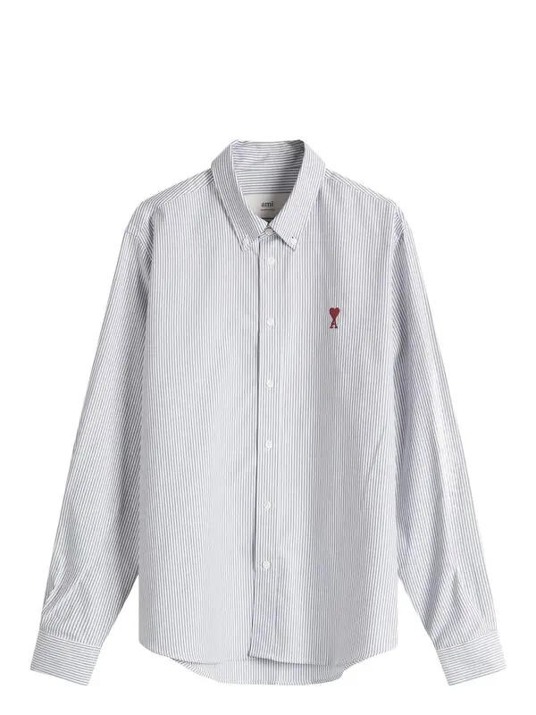 Ami Heart Striped Button Down Oxford Shirt - Black/natural White