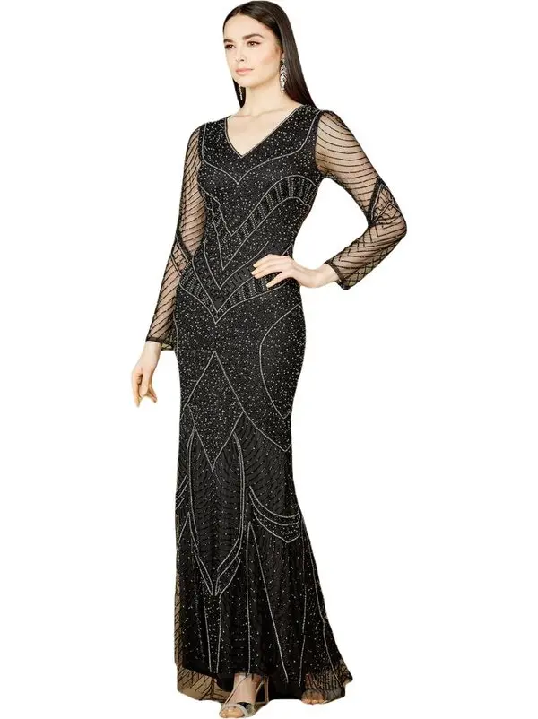 LARA NEW YORK Beaded Tulle Gown - Black