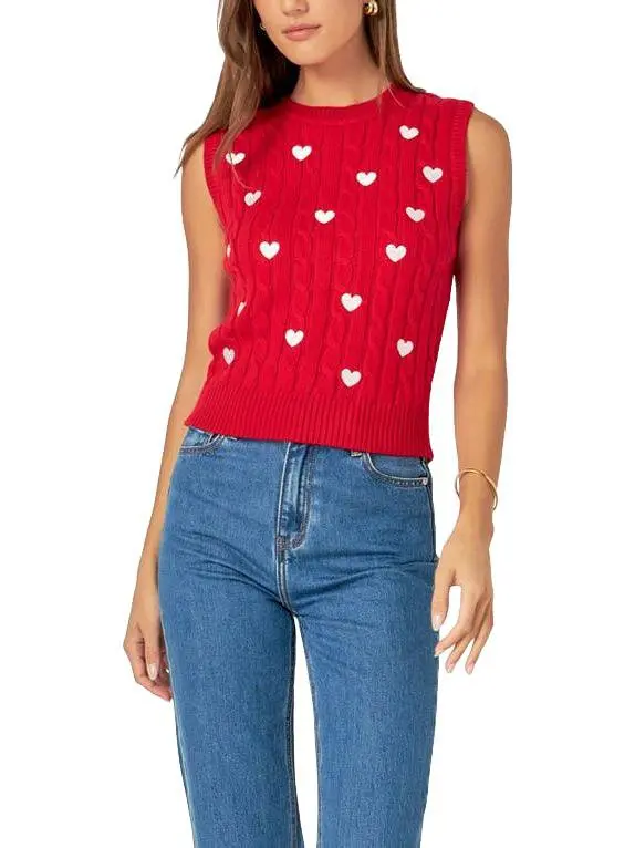 English Factory Heart Embroidered Cable Knit Sweater Vest - Red