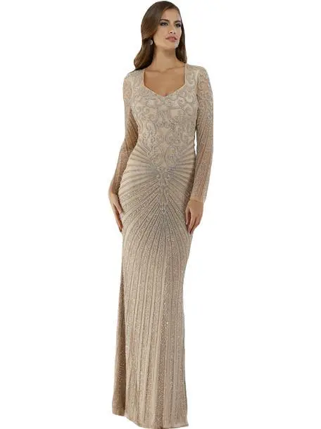 LARA NEW YORK V-neck Beaded Long Sleeve Gown - Nude