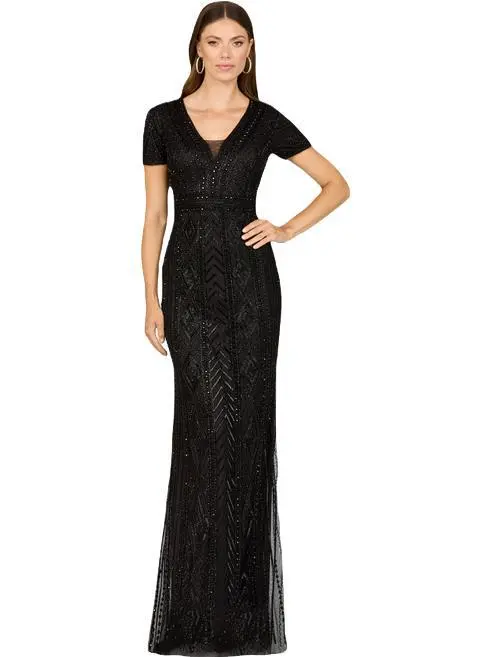 LARA NEW YORK Beaded Cap-sleeve Mermaid Dress - Black