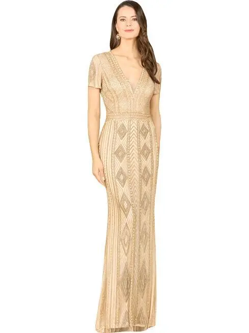 LARA NEW YORK Beaded Cap-sleeve Mermaid Dress - Champagne