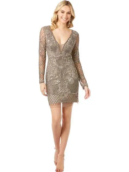 LARA NEW YORK Beaded Long Sleeve Knee Length Dress - Grey