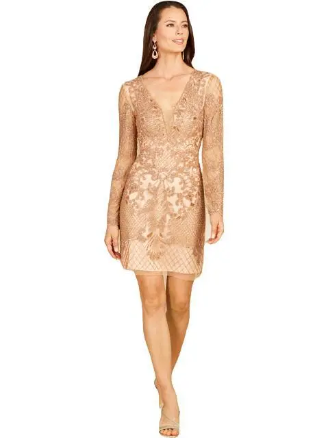 LARA NEW YORK Long Sleeve Beaded Cocktail Dress - Rosegold