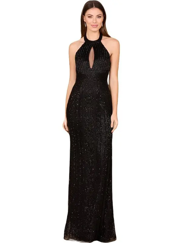 LARA NEW YORK Halter Neck Embellished Gown - Black