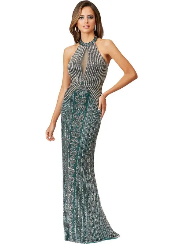 LARA NEW YORK Halter Neck Embellished Gown - Huntergreen