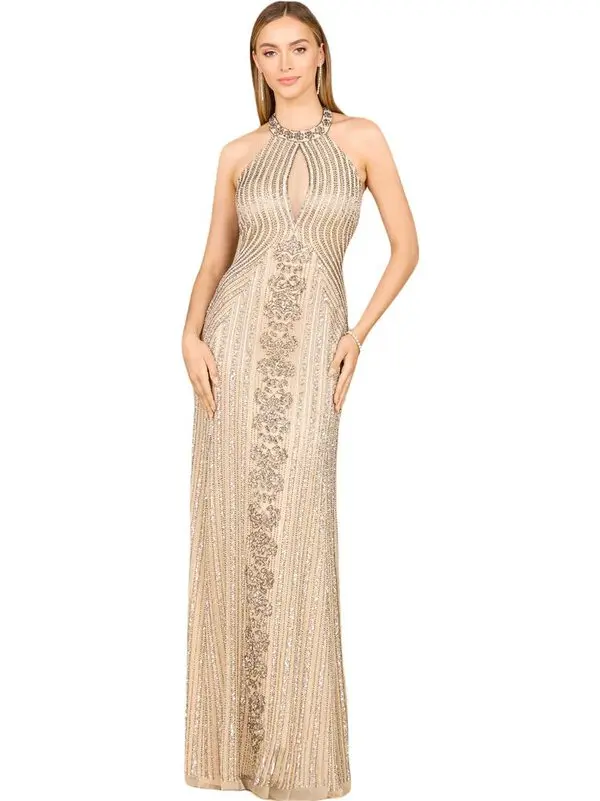 LARA NEW YORK Halter Neck Embellished Gown - Nudesilver