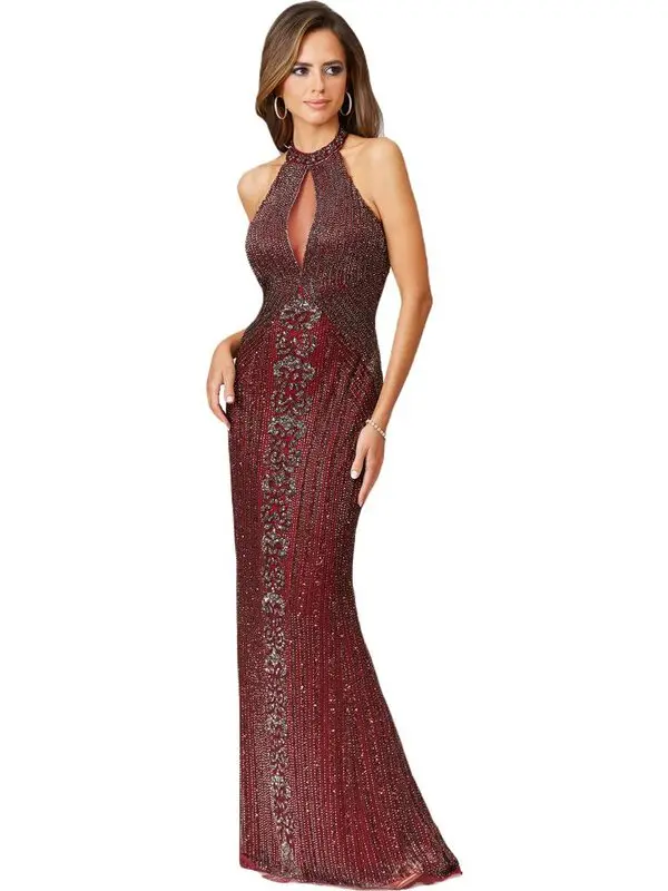 LARA NEW YORK Halter Neck Embellished Gown - Wine