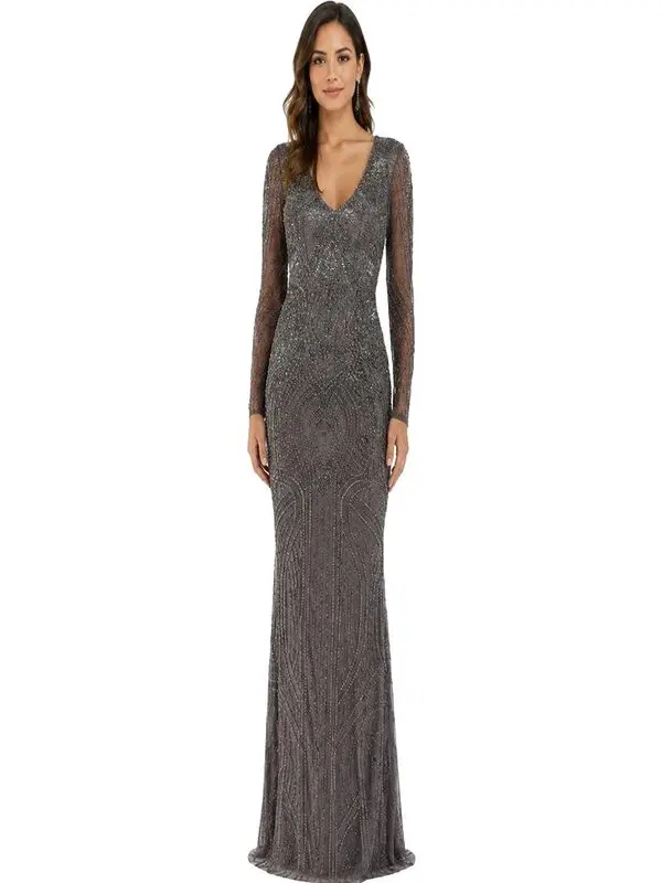 LARA NEW YORK Long Sleeve Beaded Gown - Grey