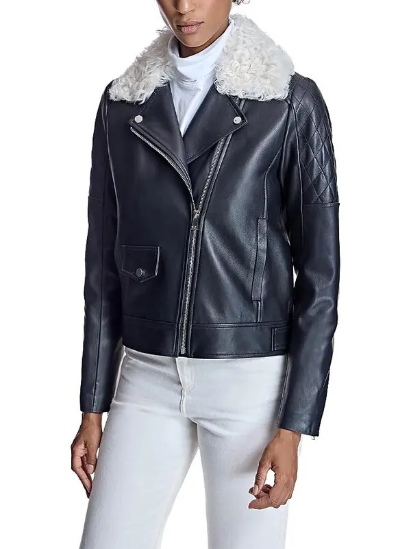 MAXIMILIAN Leather Biker Jacket With Shearling Collar - Black/white