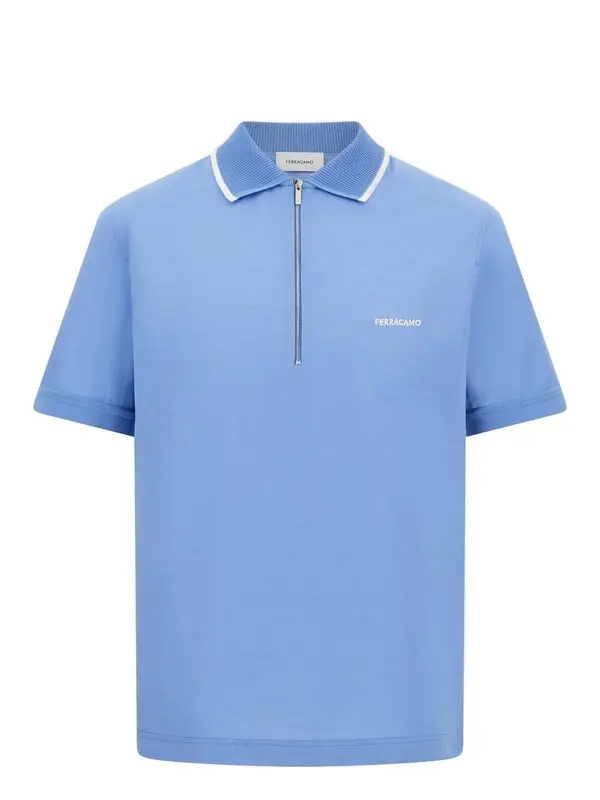 FERRAGAMO Cotton Polo Shirt With Zip Closure - Blue
