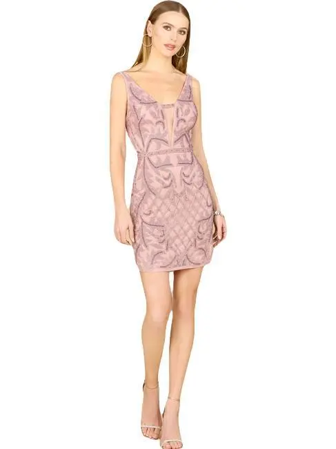 LARA NEW YORK Illusion V-neck Beaded Mini Dress - Cashmere