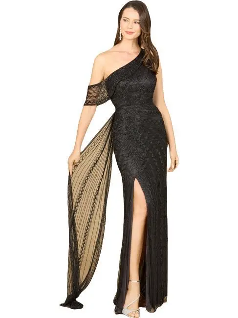 LARA NEW YORK Beaded One-shoulder Gown With Train - Black