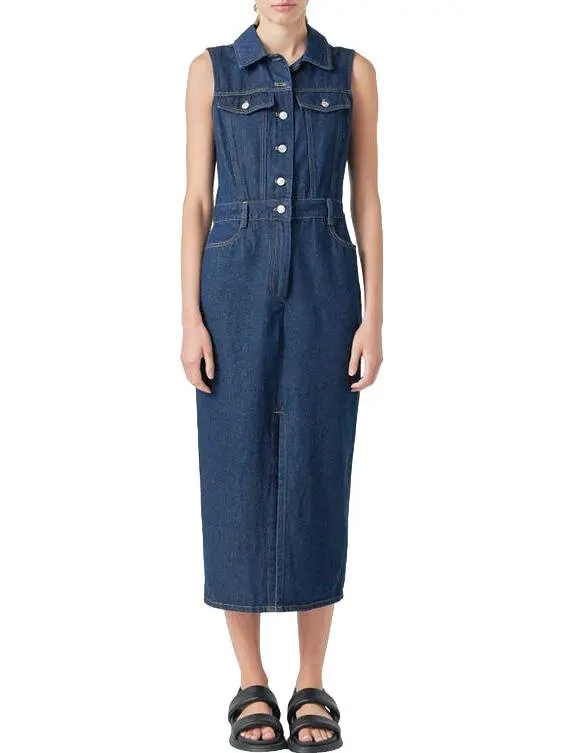 GREY LAB Sleeveless Denim Midi Dress - Navy
