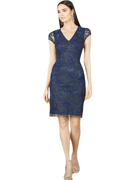 LARA NEW YORK Cap Sleeve Embellished Dress - Navy