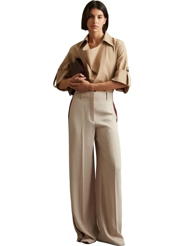 REISS Elowen Cotton Blend Cowl Neck Shirt - Stone