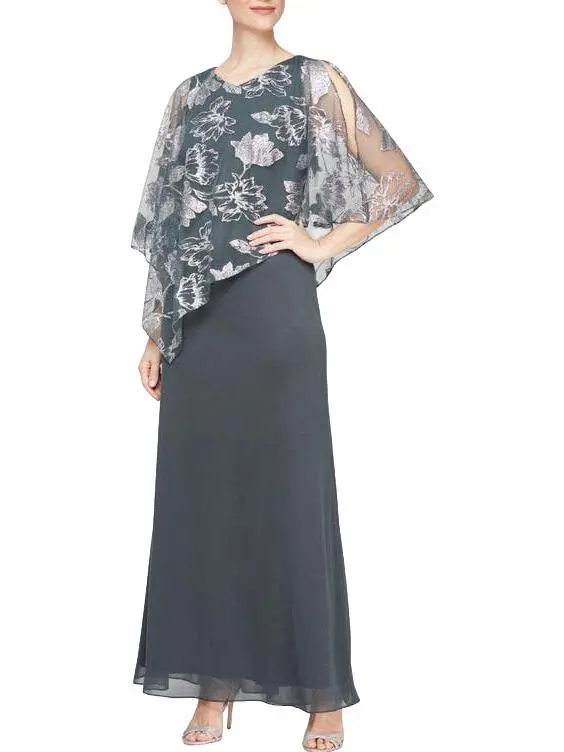 SL FASHIONS Metallic Chiffon Overlay Gown - Smoke/silver