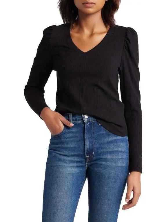 Wit & Wisdom Puff Shoulder Rib Top - Black