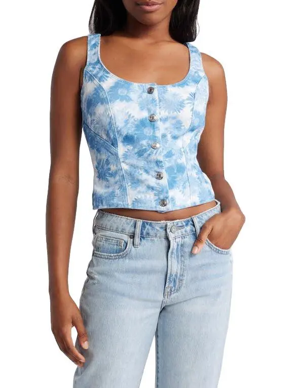 MISTRESS ROCKS Floral Denim Bustier Top - Blue Floral Print