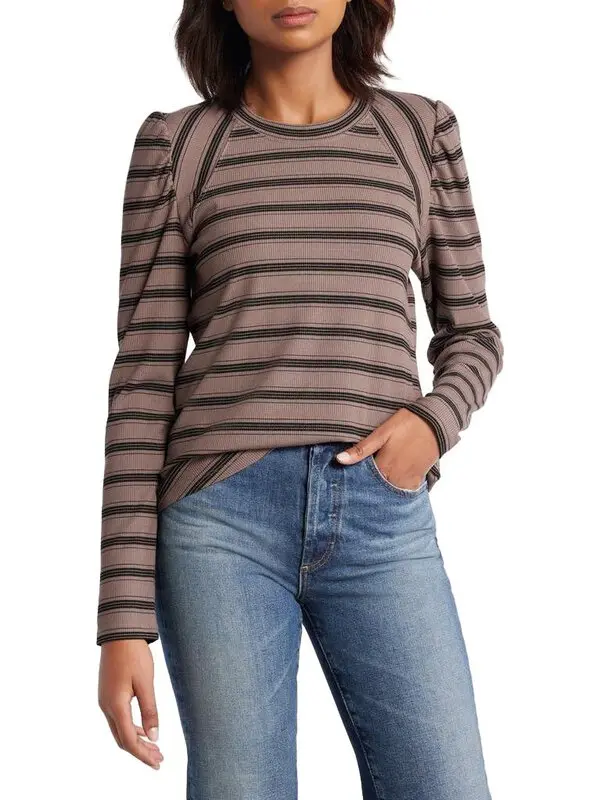 Wit & Wisdom Stripe Puff Shoulder Knit Top - Oyster Mushroom/ Black